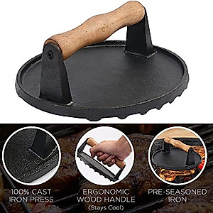 LotFancy Cast Iron Grill Press, 7 Inch, Smash Burger Press for Griddle, Round Bacon Meat Smasher, Wood Handle