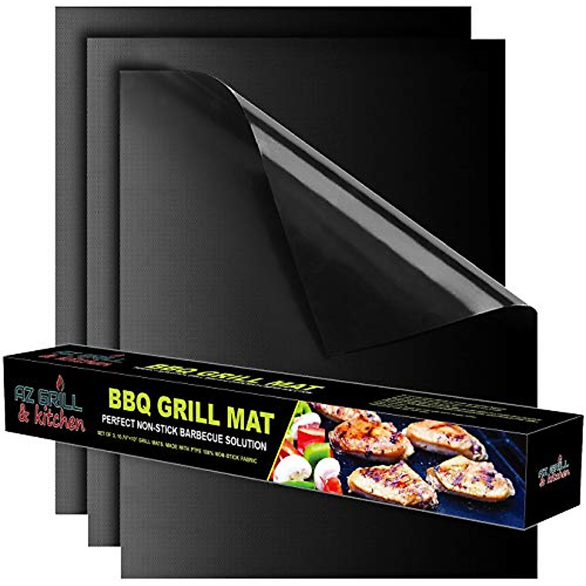 Grill mat Set of 3 - Non Stick BBQ Grill Sheets Reusable - Grill Pads Nonstick - Baking Grilling Mats compatible with Charcoal Gas Weber Charbroil Traeger Grills - Outdoor Barbecue Accessories Black