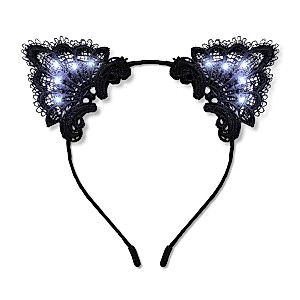 FlashingBlinkyLights Black Lace Light Up Kitty Cat Ears Headband with White LEDs