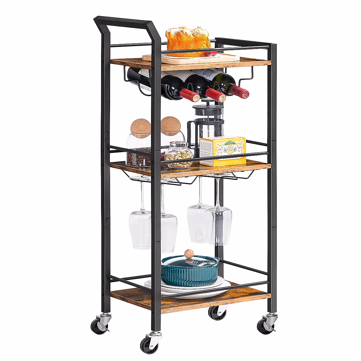 HOOBRO Bar Cart, Home Bar Serving Cart with 3-Tier Mirrored Shelf, Microwave Cart, Drink Cart, Mobile Kitchen Shelf with Wine Rack, Rolling Beverage Cart, Rustic Brown and Black BF38TC01