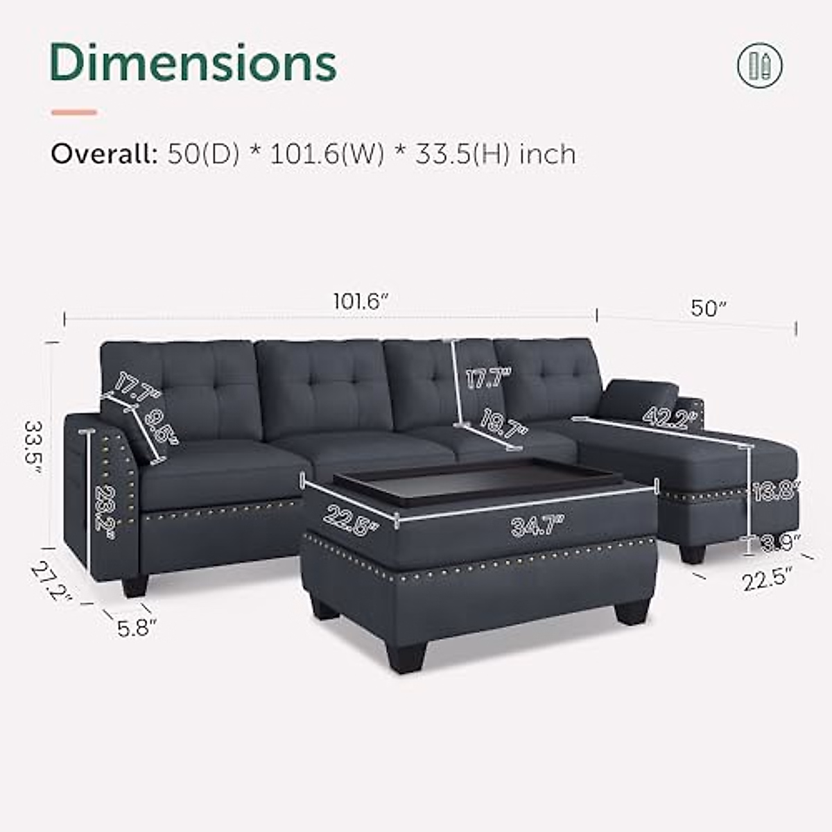 HONBAY Convertible Sectional Sofa Couch Set L-Shape Sofa Couch Set 4 Seat Sofa Sectional with Storage Ottoman for Living Room,Bluish Grey (Sectional+Tray Ottoman)
