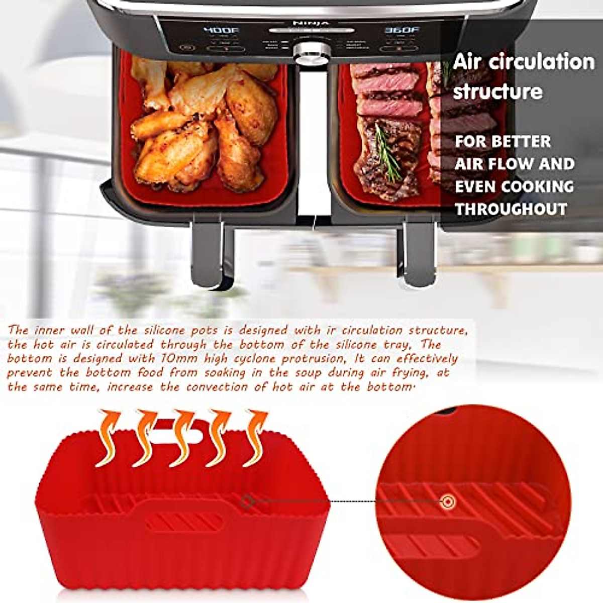 WMKGG Silicone Air Fryer Liners, 2 Pcs Reusable Rectangular Air Fryer Silicone Pot for Ninja Foodi DZ201/DZ401 Dualzone 6QT Pot and Above, (8.3x5.3'' Red)