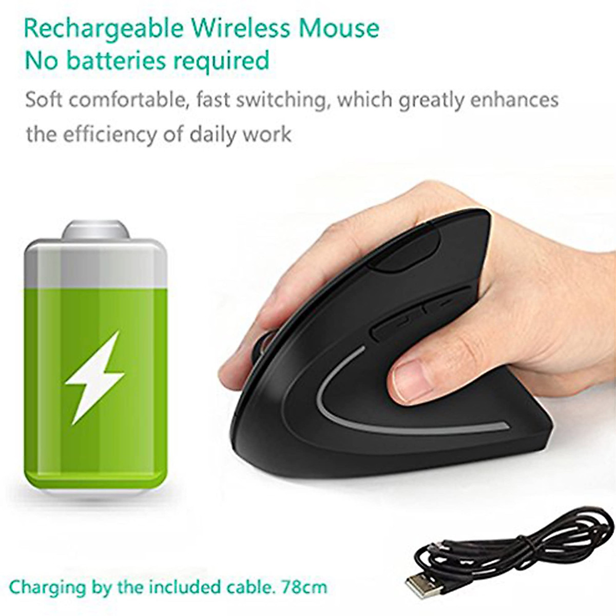 Ergonomic Mouse, Vertical Wireless Mouse - LEKVEY Rechargeable 2.4GHz Optical Vertical Mice : 3 Adjustable DPI 800/1200/1600 Levels 6 Buttons, for Laptop, PC, Computer, Desktop, Notebook etc, Black