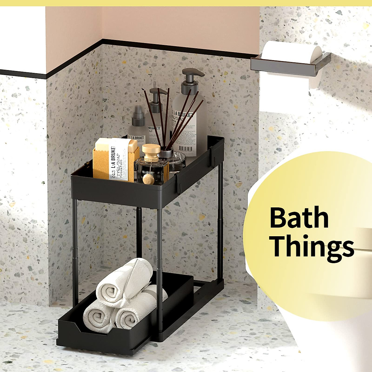 Yannimart Height Adjustable Under Sink Organizers and Storage for Bathroom and Kitchen Cabinet 2 Tier Under Sink Organizer with One Sliding as Home Kitchen Organization and Kitchen Must Haves