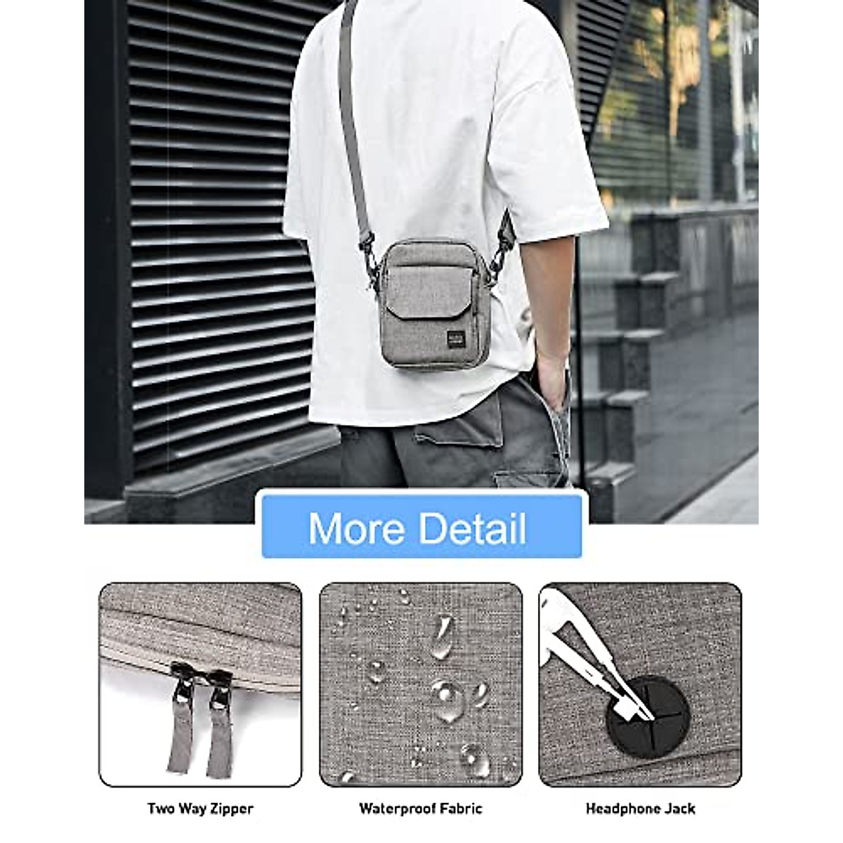 Grey Small Side Shoulder Bag Crossbody Bag for Men Women Mini Messenger Bag Satchel Bag Travel Purse Wallet Passport Holder Bag, Cell Phone Purse Neck Pouch Wallet- Unisex Large Size