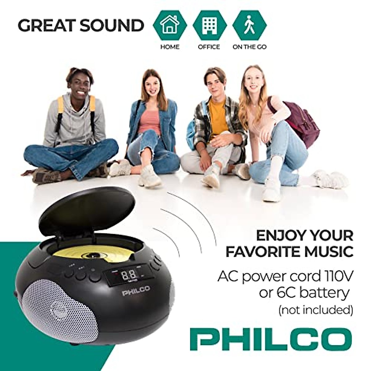 Philco Portable CD Player Boombox with Speakers and AM FM Radio | Black Boom Box CD Player Compatible with CD-R/CD-RW and Audio CD | 3.5mm Aux Input | Stereo Sound | LED Display | AC/Battery Powered