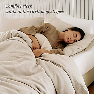 Double Stitch Striped Textured Duvet Cover Set, Smooth Breathable Cotton Tencel Blend, King Size Comforter Cover, Ultra Soft Luxury Bedding Set, 1 Duvet Cover 106" x 90", 2 Shams, Textured Sandstone