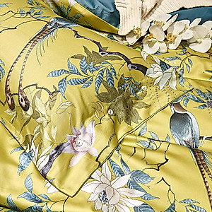mixinni Garden Style Cotton Flowers and Birds Pattern Printed Duvet Cover Reversible Design Peacock Blue 3 Piece Bedding Duvet Set with Zipper Closure, Perfect for Him and Her-Queen Size