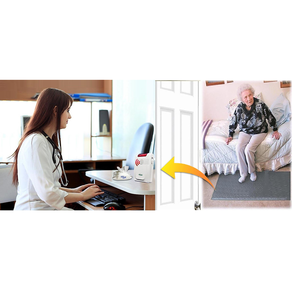 Smart Caregiver Economy Cordless Fall Monitor and Cordless Floor Mat Sensor Bundle with Pouch of 30 Cleaning Wipes