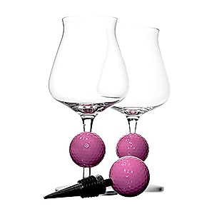 FunPro Crystal Wine Glass with Real Golf Ball - Set of 2, Patent Pending, Hand Blown Premium Genuine Crystal Clear Wine Glass, Modern Long Stem White & Red Wine Glass for Party, Wedding & Home, Pink