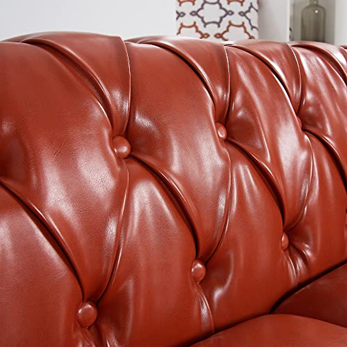 QHITTY Accent Large Sofa, Chesterfield Couch 3 Seater Modern Leather Couch Upholstered Sofa with Tufted Back for Living Room Furniture (Orange)