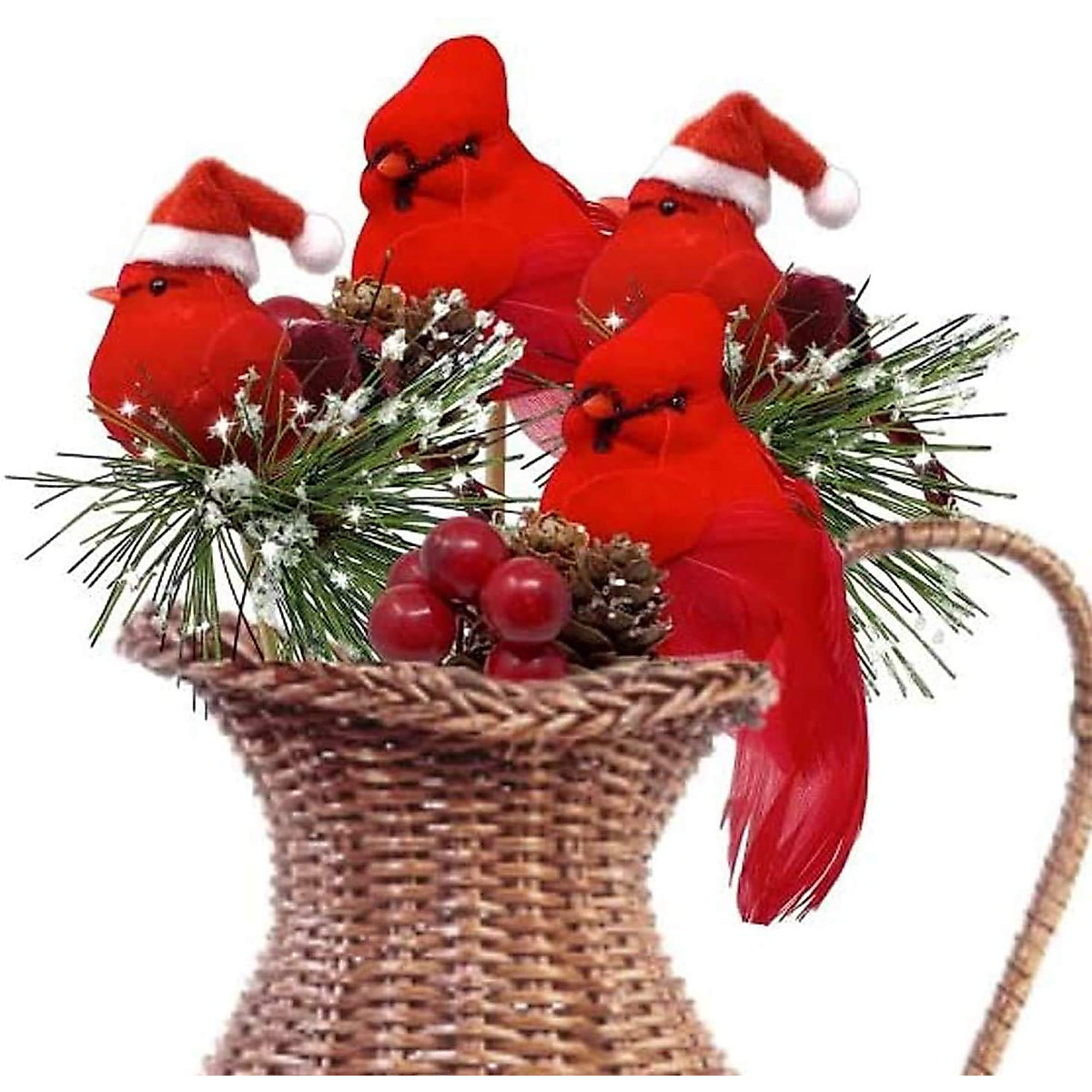 Christmas Cardinal Floral Red Artificial Feathered Birds on a Iron Wire Xmas Tree Ornaments Craft Decorations for Home Garden Wedding Decor Pack of 6