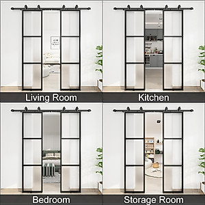 JUBEST 36 x 84 Inch Double Barn Door with 6FT Hardware Kit and Soft Close Mechanism Include, 2 Sets of 18in x 84in 3-Paneled Frosted Glass with Carbon Steel Frame Barn Door, Easy to Install
