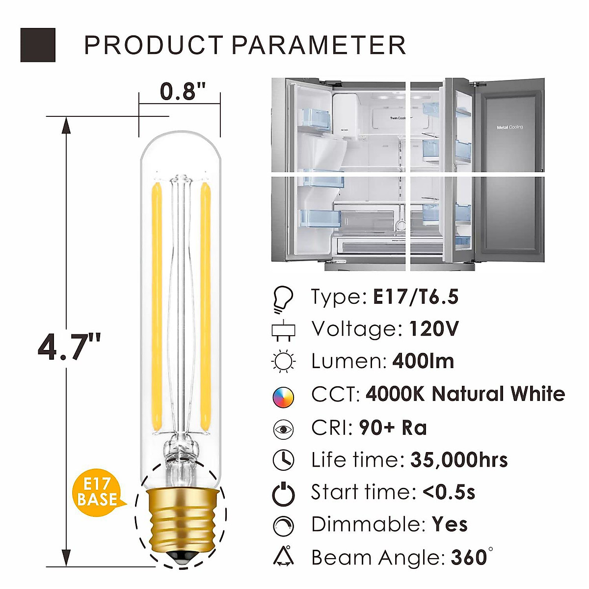 Hizashi 4W LED T6.5 Tubular Filament Bulb E17 Intermediate Base Dimmable 4.7'' Length 40W Equivalent Light Bulb 4000K Cool White 90+ CRI for Exit Sign Light, Refrigerator, Freezer, UL Listed - 4 Pack