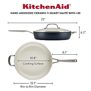 KitchenAid Hard Anodized Ceramic 5-Quart Nonstick Sauté Pan with Shatter-Resistant Lid & Riveted Handle – Durable, Even Heating, Easy Clean, Oven Safe to 500°F, Matte Black