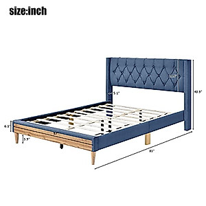 Lifeand Full Size Upholstered Platform Bed with Rubber Wood Legs,No Box Spring Needed, Linen Fabric,Blue