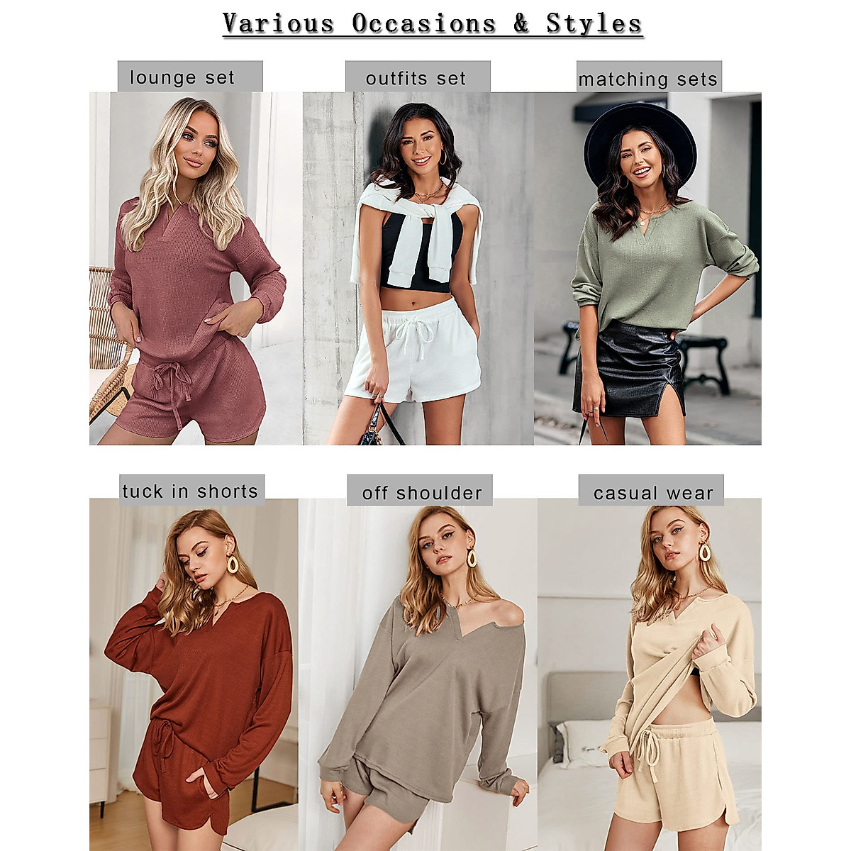 Ekouaer Lounge Sets for Women Waffle Knit Pajama Set Long Sleeve Top and Shorts Matching Loungewear S-XXL Rose