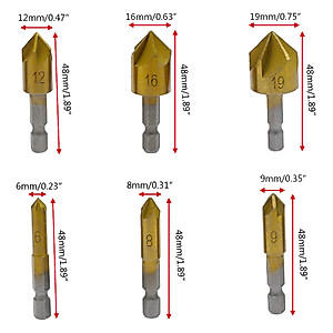 Bonsicoky Countersink Drill Bit Set 6 Pcs, 1/4 Inch Hex Shank 5 Flute 90 Degree Center Punch Tool Sets, Carbide Counter Sinker Drill Bits for Wood Quick Change Bit (6mm-19mm)