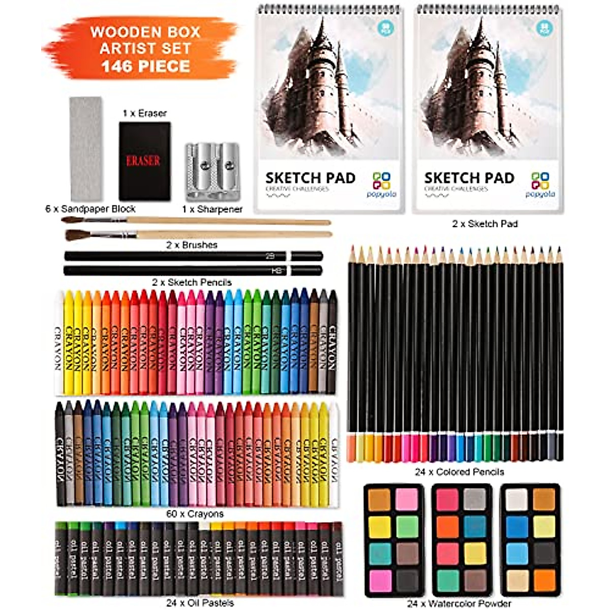 POPYOLA Art Supplies, Deluxe Wood Art Set for Artist, Various Painting Supplies, Including Crayons, Colored Pencils, Oil Pastels, Watercolor Cakes, and All The Tools You Need.