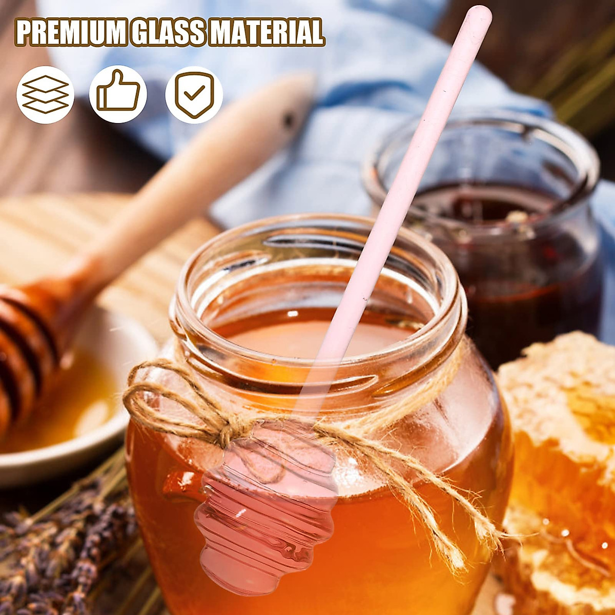CALLARON Glass Honey Dipper Clear Honey Stirring Stick Honey Server Spoon Jam Syrup Stirring Wand for Honey Jar Dispense Drizzle Wedding Party Favors Pink