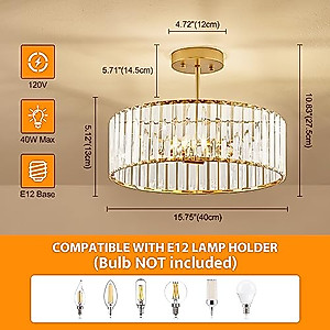 VIOLOEMI Modern Gold Semi Flush Mount Ceiling Light Crystal 3-Light Living Room Ceiling Lamp 15.75 Inch Kitchen Light Fixture for Bedroom Dinner Room Bathroom Entryway (Bulb Not Include)