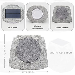 Outdoor Speakers Waterproof 2pack for All Seasons & Solar Powered with Rechargeable Battery Rock Speakers Wireless Bluetooth with Colorful LED Light for Garden, Patio (2-Pc, Granite Grey)