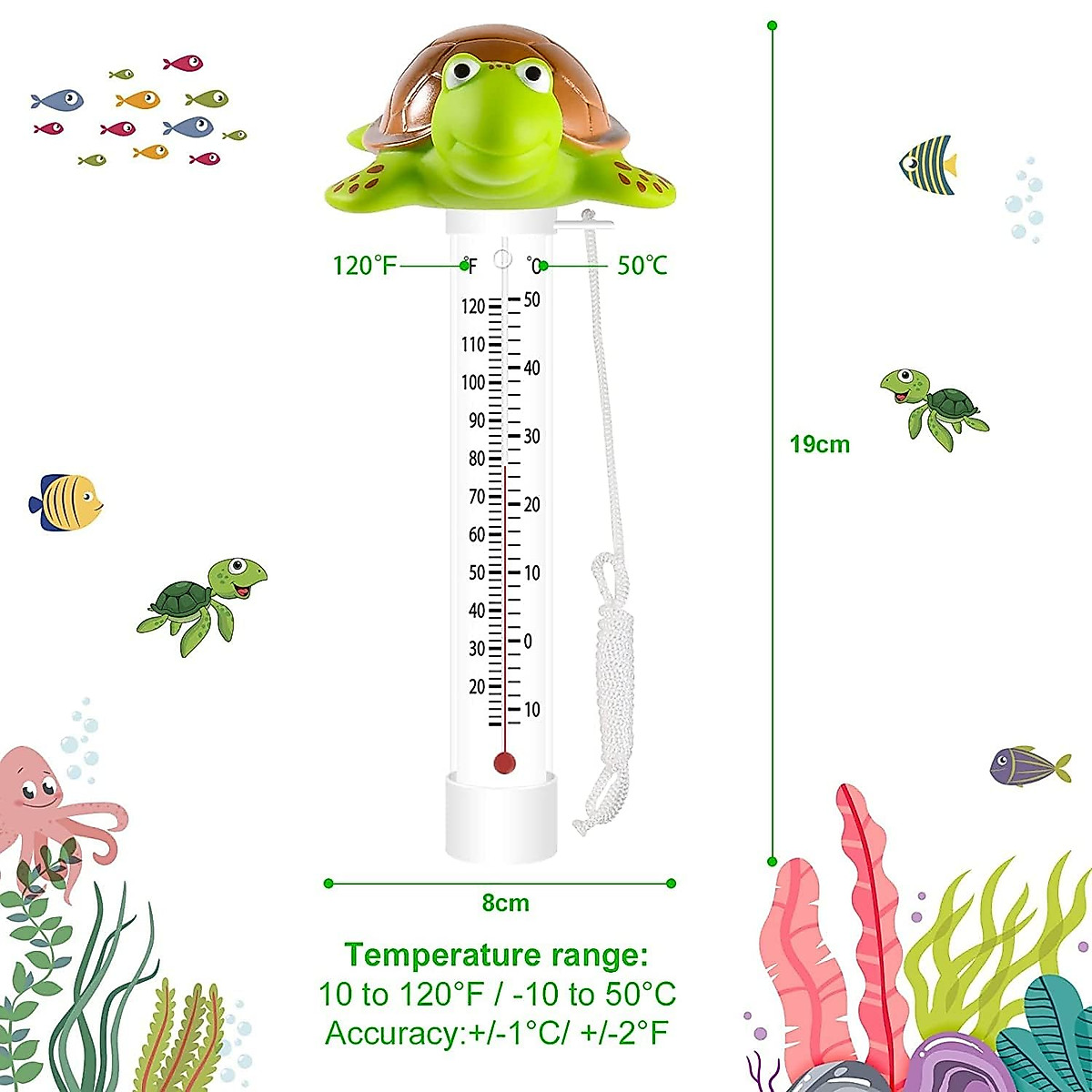 Floating Pool Thermometer, Large Size Easy Read for Water Temperature with String for Indoor & Outdoor Swimming Pools and Hot Tubs，Spas & Aquariums (Turtle)
