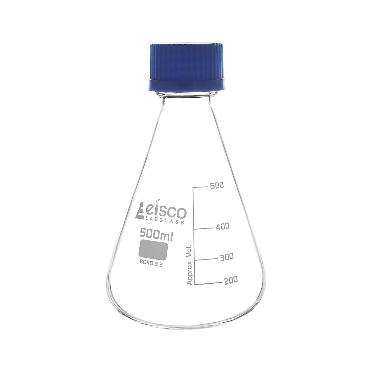EISCO Erlenmeyer Flask, 500ml - Borosilicate Glass - with PTFE Screw Cap - Conical Shape - White Graduations