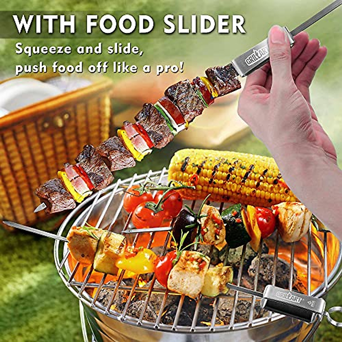 GRILLART Kabob Skewers for Grilling - Metal Skewers for Kabobs with Slider - Flat BBQ Skewers Stainless Steel - 17" Shish Kabob Grill Skewers & Ideal Kabob Sticks for Meat Shrimp Chicken Veggie(10PCS)