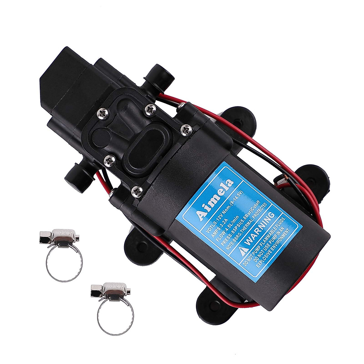 Aimela 12V DC Fresh Water Pump with 2 Hose Clamps,Self Priming Sprayer Pump with Pressure Switch,12 Volt High Pressure Pump Diaphragms,4.5 L/Min 1.2 GPM 85 PSI Adjustable for Spray,Marine,Lawn