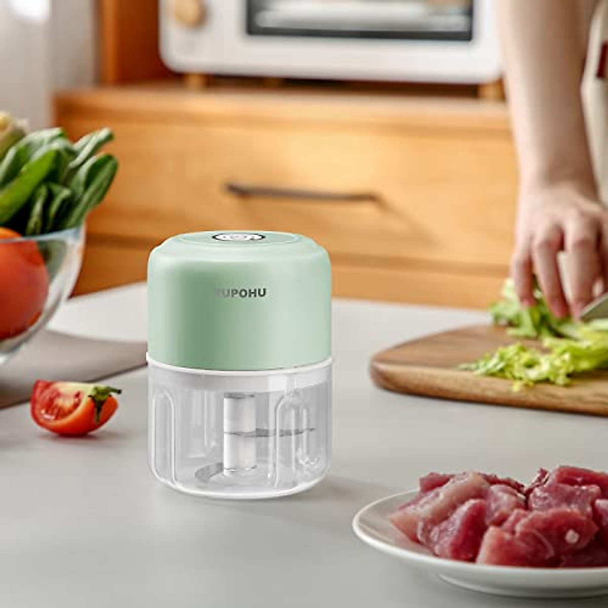 RUPOHU Wireless Electric Mini Food Choppers, Green Powerful Electric Garlic Chopper，Small Food Processor For Garlic Pepper Chili Onion Celery Ginger Meat with Spoon and Brush（100+250ml)