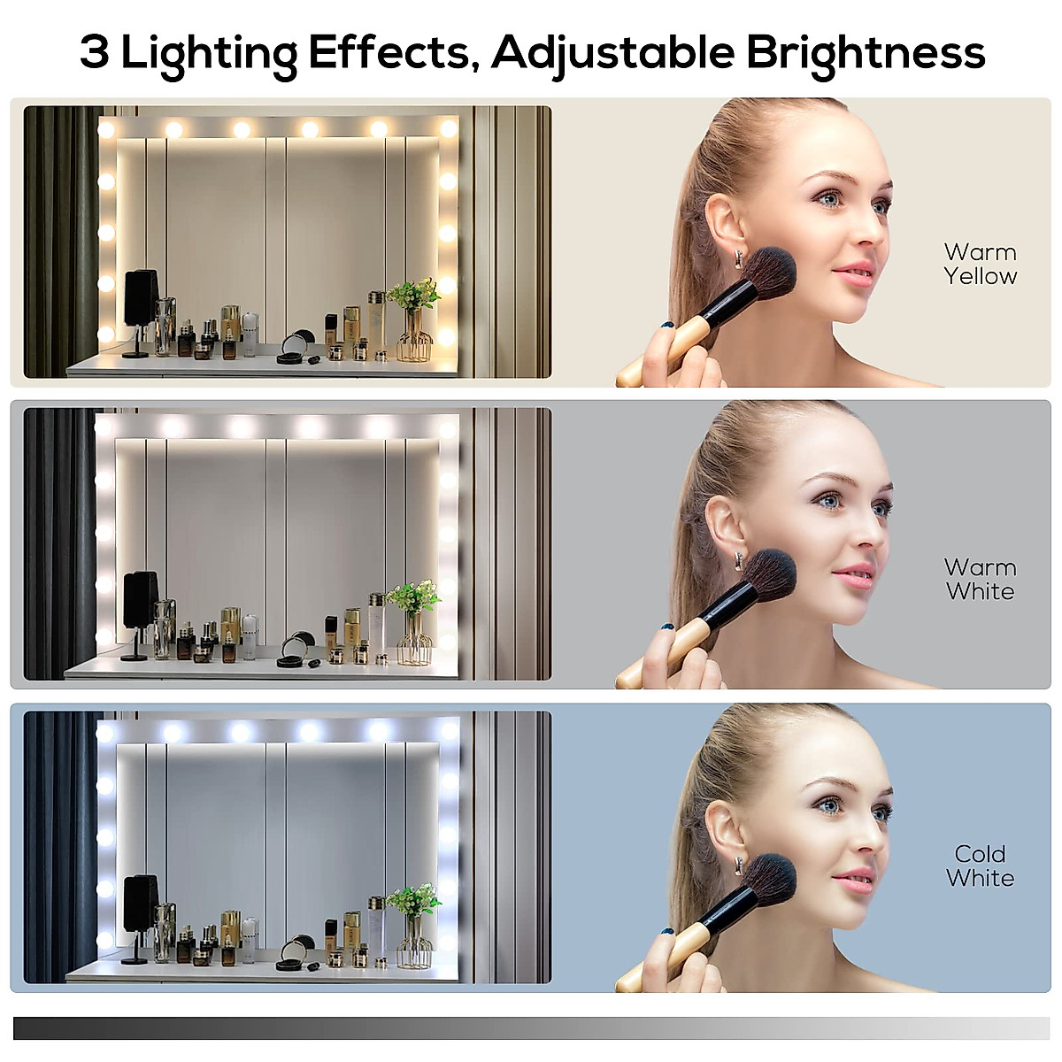 SMOOL Vanity with Lighted Mirror, Makeup Vanity Desk with Power Outlet and LED Bulbs, 3 Color Lighting Modes Adjustable Brightness, 7 Drawers Vanity Table with Cushioned Stool for Women Girls, 44'' L