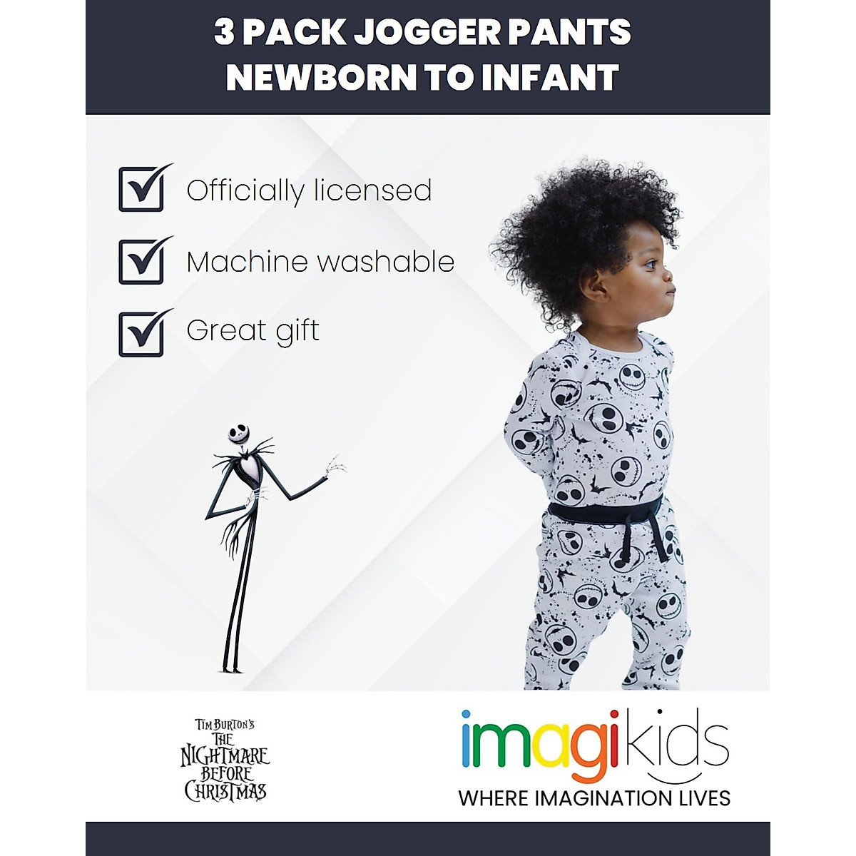 Disney Nightmare Before Christmas Jack Skellington Sally Newborn Baby Boys 3 Pack Jogger Pants Gray/White/Black 0-3 Months
