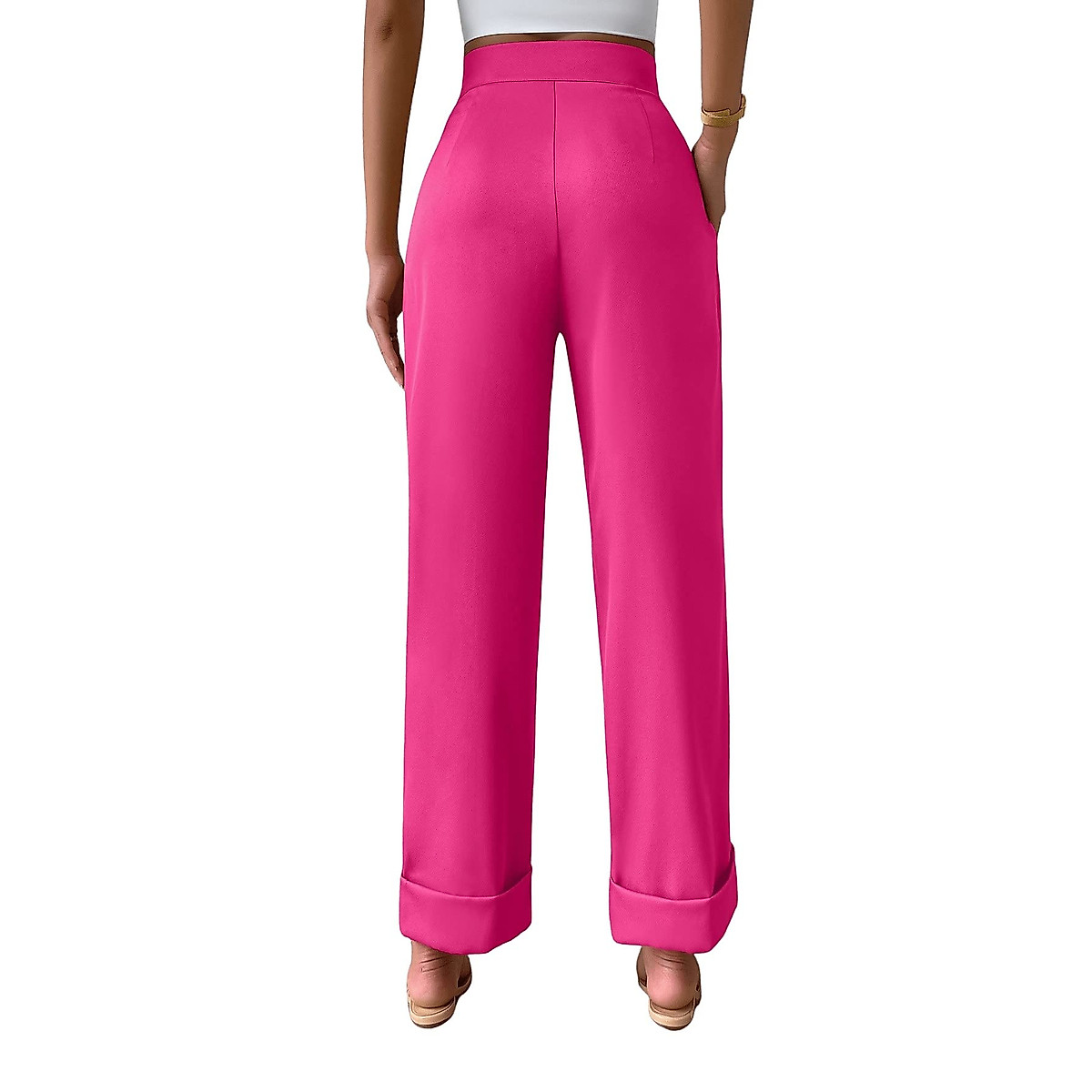 SweatyRocks Women's Elegant High Waist Roll Up Hem Pleated Wide Leg Pants with Pocket Hot Pink M