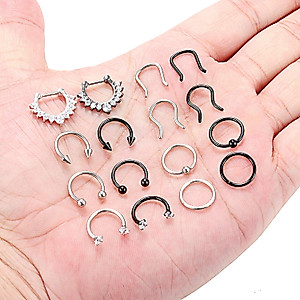 Ruifan 16PCS 16G Stainless Steel Septum Clicker Ring Piercing Nose Rings Hoop Tragus Cartilage Retainer Body Piercing Jewelry Clear CZ Silver And Black