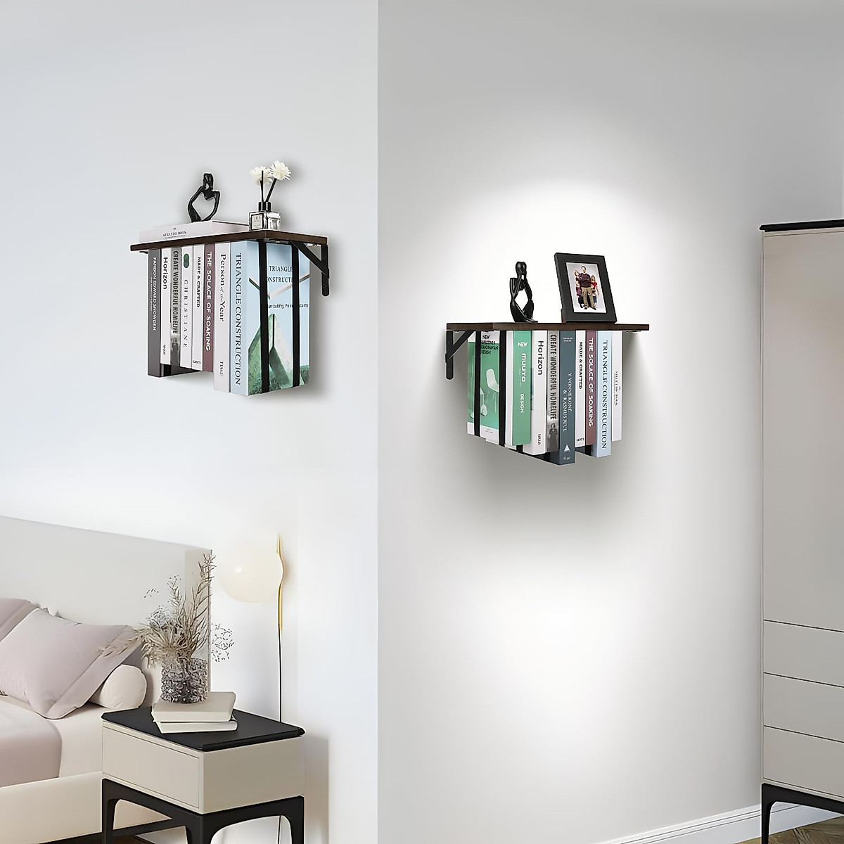 Outink Floating Book Shelves for Wall, Multi-Function Space Saving Wall Bookshelf, Unique Wooden Hanging Bookshelf for Bedroom Living Room Decor & Storage, 16" x 7" (2 Packs, Dark Brown)