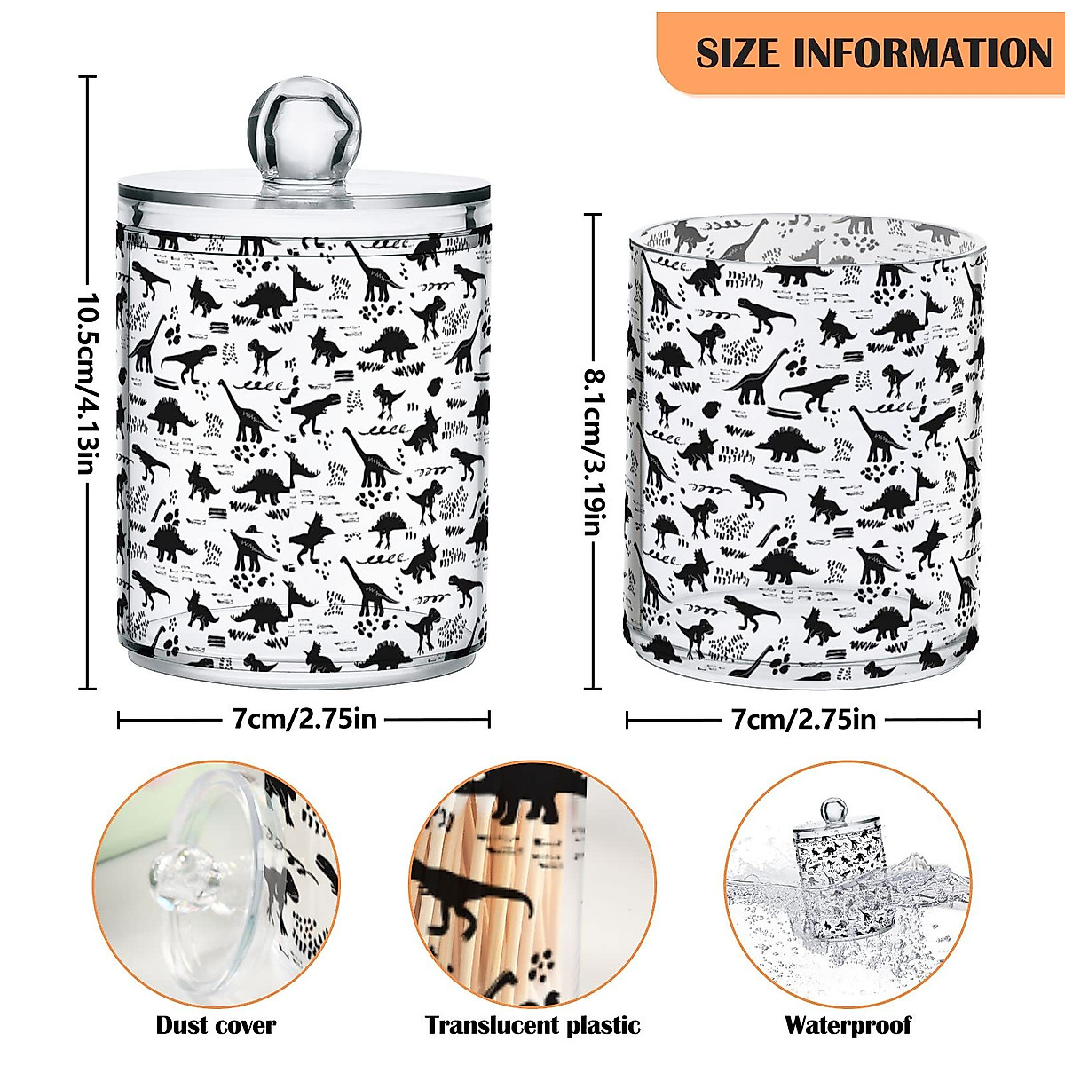 4 Pack Qtip Dispenser Apothecary Jars Dino Bathroom Organizer, Funny Dinosaurs Ink Qtip Holder Storage Canister Plastic Acrylic Jar for Cotton Ball/Swab/Rounds