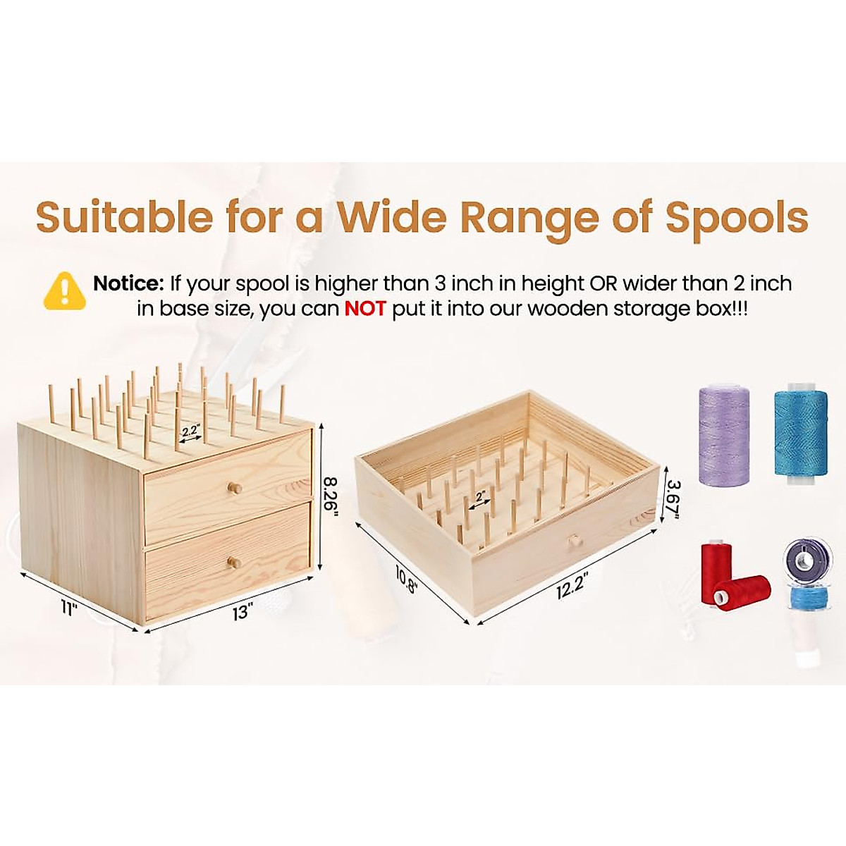 PAZIONMI Wooden Thread Box Thread Holder Thread Rack Sewing and Embroidery Thread Storage Box/Organizer for Sewing 90-Pools(Drawer Spool Size Requirement: Height≤3", Width≤2.5",Top for Taller Spools)