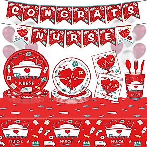 LOONELO 52pcs Thank You Nurse Party Supplies, Happy National Nurses Appreciate Week Table Party Decorations, Disposable RN Graduation Congrats Tableware Set Plates,Napkins,Cups
