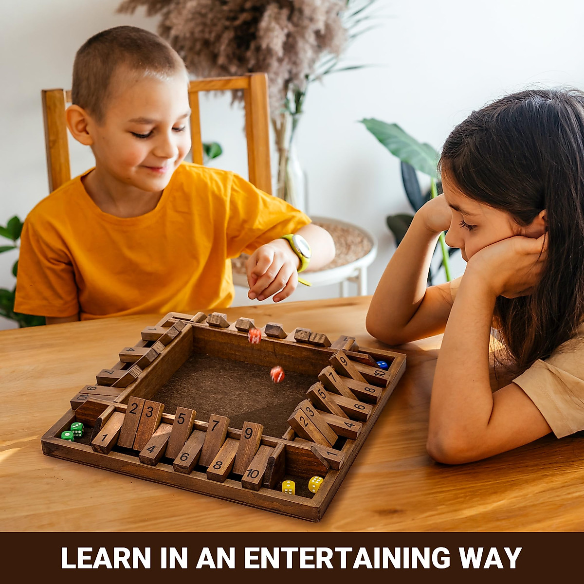 ropoda 14 Inches 4-Way Shut The Box Dice Board Game (2-4 Players) for Kids & Adults [4 Sided Large Wooden Board Game, 8 Dice + Shut-The-Box Rules] Smart Game for Learning Addition – Vintage Style