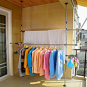 BAOYOUNI Double Pole Adjustable Laundry Clothes Drying Rack Standing Garment Storage Organizer Heavy Duty Space Saver DIY Pants Hanger Rod Rail Floor to Ceiling, Height 64.96'' to 98.42'' - Grey