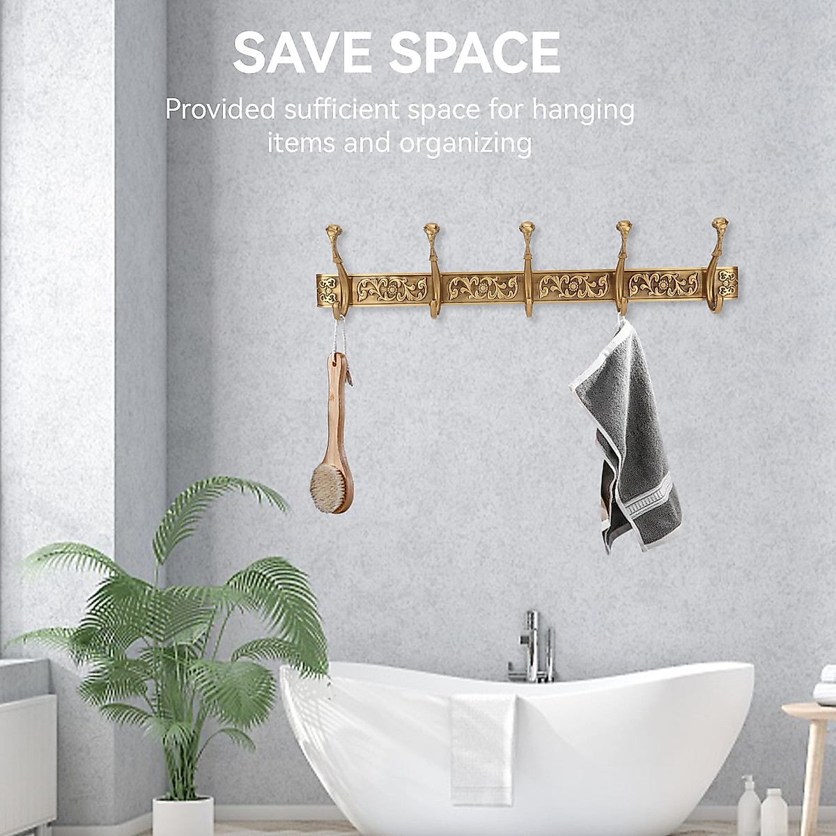 Coat Rack Wall Mounted, Aluminum Wall Hooks for Hanging with 5 Hooks Vintage Gold Wall Mount Coat Rack Key Holder for Wall Hallway