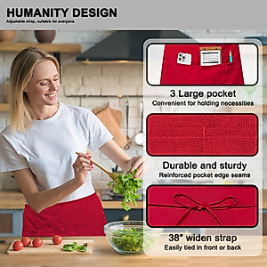 PLOYMONO Waist Apron with 3 Pockets, 3 Pack Polyester Half Server Apron for Women&Men, Half-length Short Apron Long Waist Strap for Restaurant Servers, Bartenders, Hosts (24”L x 12”W) Red