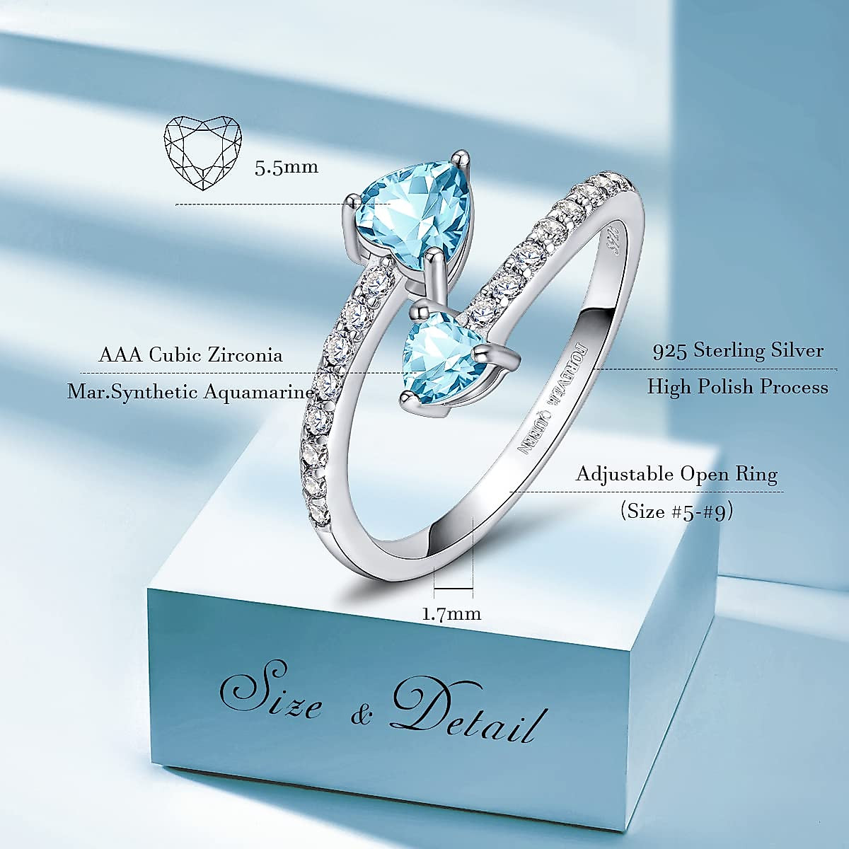 FOREVER QUEEN March Birthstone Rings 925 Sterling Silver Rings Adjustable Open Double Love Heart Stones Rings for Women Birthday Gift