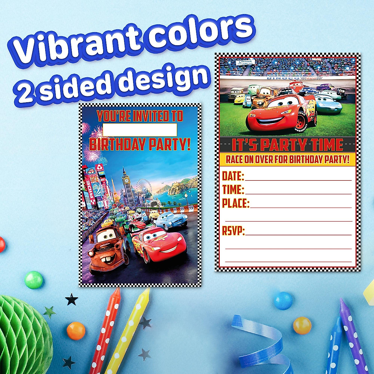 Set of 30 Racing Cars Themed Happy Birthday Invitation Cards - Lightweight (230g), Postcard Style Invites for the Perfect Party Pack