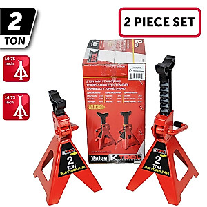 K Tool International 61201 2 Ton Automotive Jack Stands for Garages, Repair Shops, and DIY, Lightweight, 4,000 lbs. Capacity, Heavy Duty Steel Frame, Adjustable Height 10.75"-16.73", Red/Black, Pair
