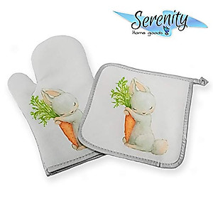 Spring Decorative Kitchen Hot Plate Pot Holder Oven Mitt Set | Retro Chic Luxe Easter Bunny Rabbit With Eggs and Carrot| Cute Decoration White Home Decor Holiday | Gift Present