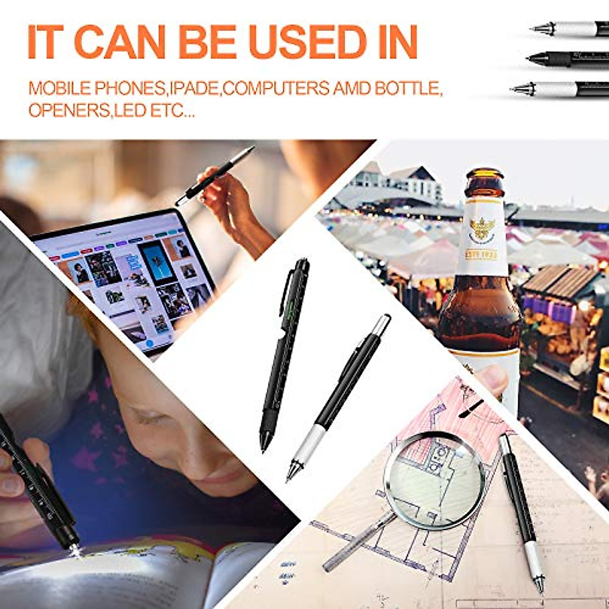 2 Pieces Multitool Pen Set Flathead Tool Pen Bottle Opener Pen Screwdriver Touch Screen Stylus Pen LED Light Pen Ruler Level Ballpoint Pen for Men Women Father Husband Present