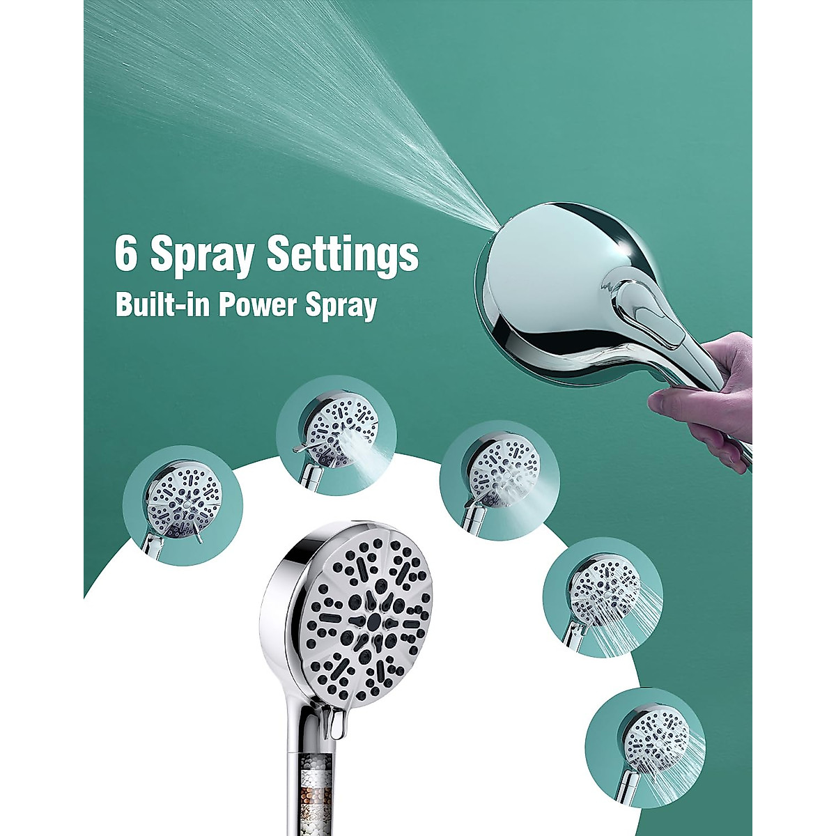 Diiwet Filtered Shower Head with Handheld, High Pressure Shower Heads with Filter for Hard Water, 6 Spray Modes Detachable Showerhead with Hose and Bracket (Chrome Polished)