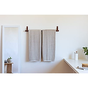 Bathroom Fixture Kit includes leather & wood Toilet Paper Roll Holder, Bath Towel Rail, leather & brass hanging Hand Towel Ring hook with gold hardware, straps are wall mounted, accessories rack